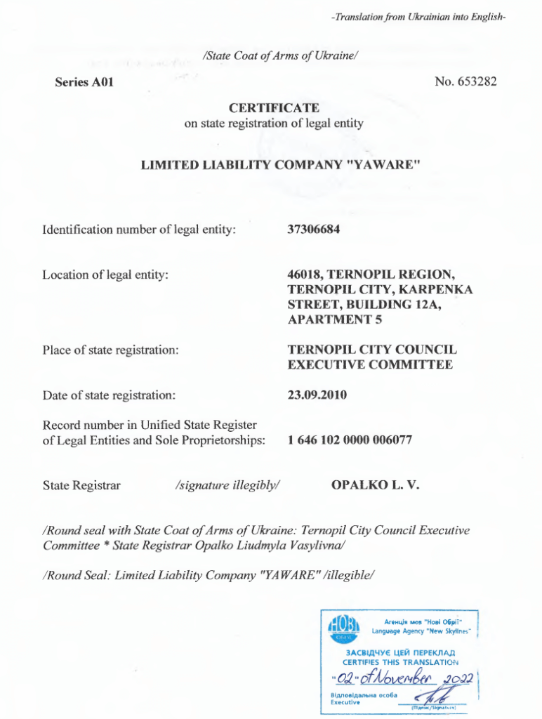 Legal Documents of LLC "Yaware" - Yaware